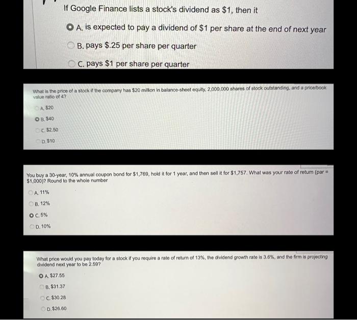Solved If Google Finance lists a stock's dividend as $1, | Chegg.com