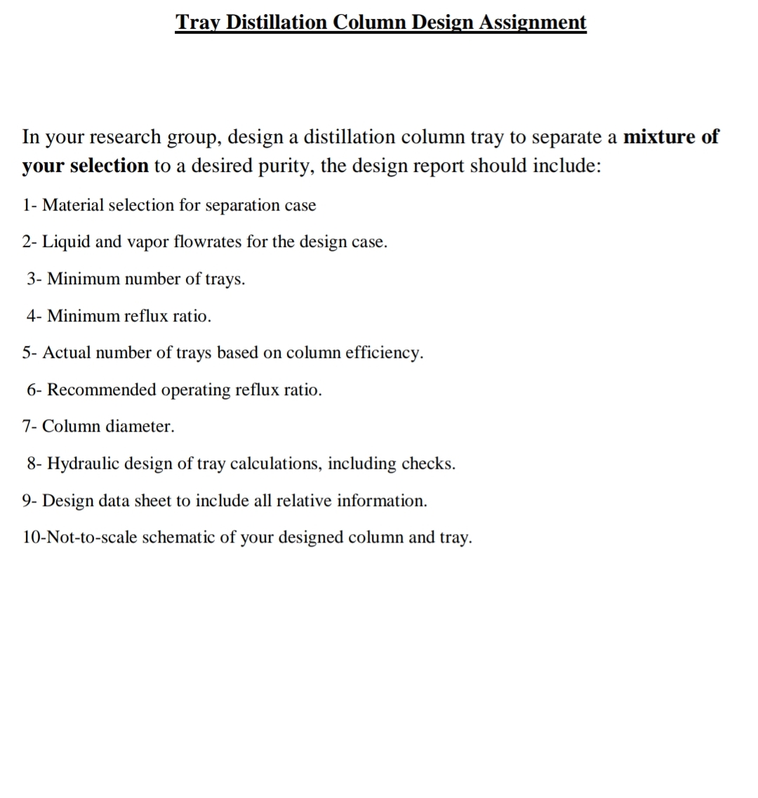 Solved Tray Distillation Column Design AssignmentIn your | Chegg.com