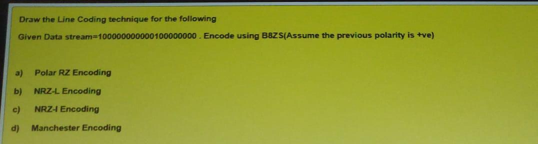 Solved Draw the Line Coding technique for the following | Chegg.com