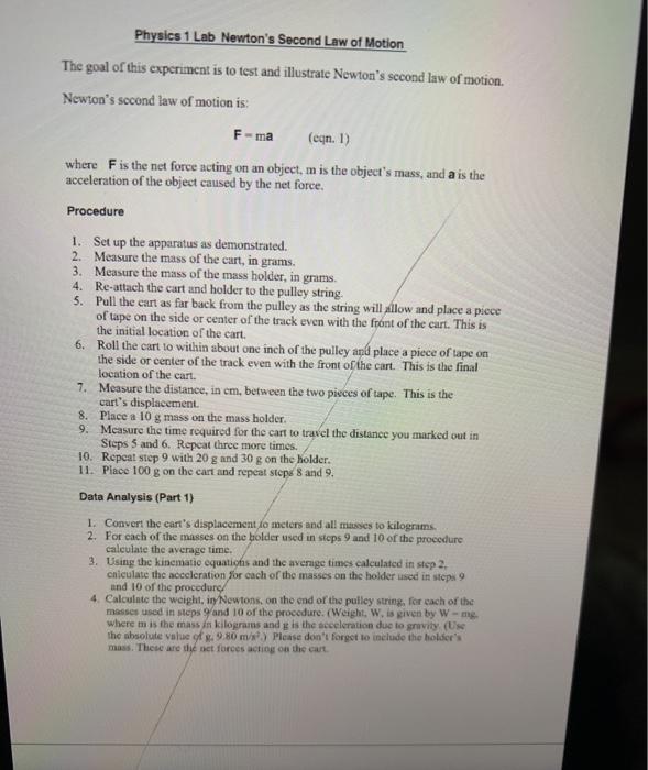 Physics 1 Lab Newton's Second Law of Motion Sample | Chegg.com