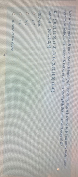 Solved With a binary relation Ron A and each tuple (a, b) | Chegg.com