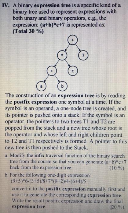 Solved IV. A binary expression tree is a specific kind of a | Chegg.com