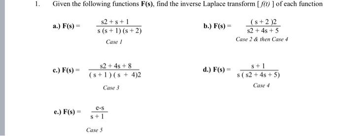 Solved 1. Given the following functions F(s), find the | Chegg.com