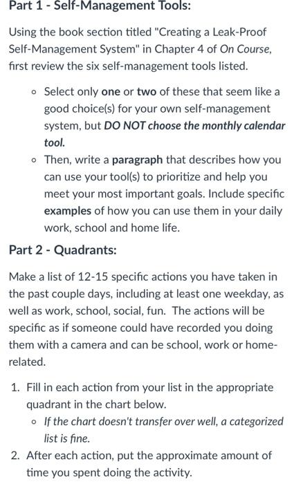 Solved Part 1 - Self-Management Tools: Using the book | Chegg.com