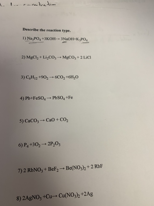 Solved I concentration Describe the reaction type. 1) | Chegg.com