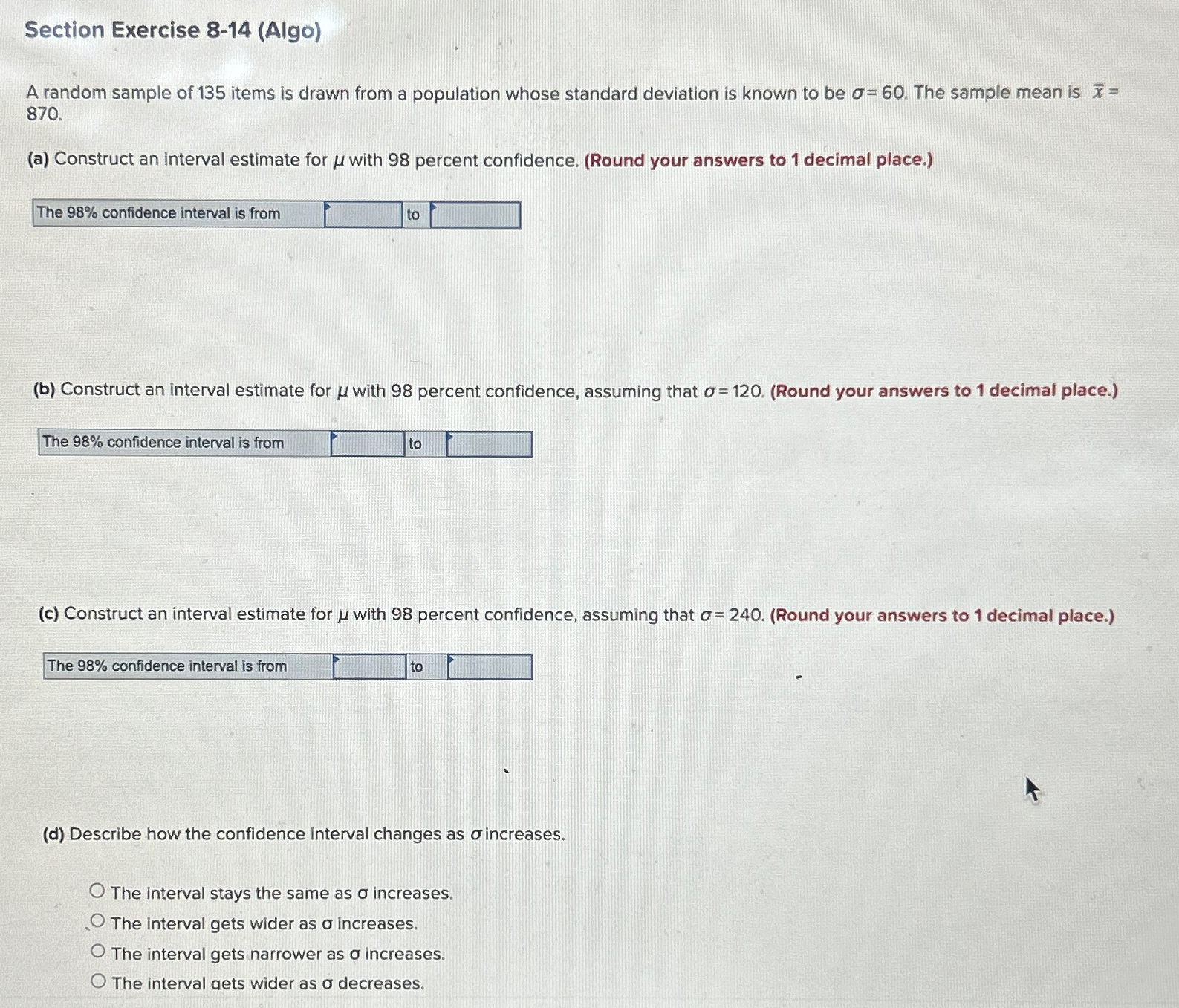 Solved Section Exercise 8-14 (Algo)A random sample of 135 | Chegg.com