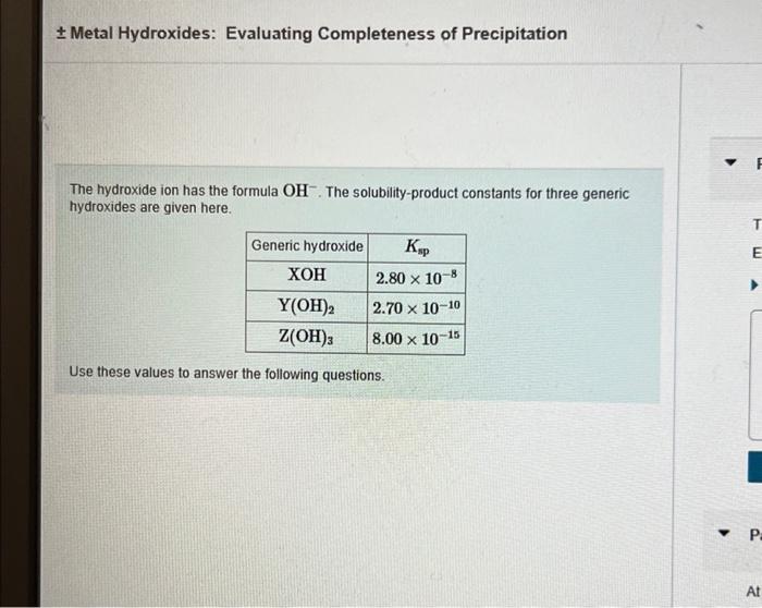 Solved \pm Metal Hydroxides: Evaluating Completeness of | Chegg.com