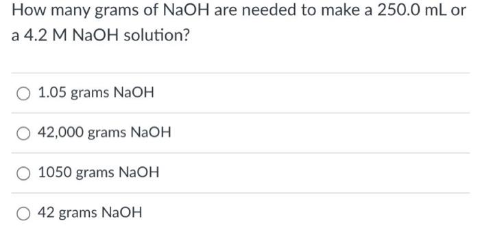 Solved How many grams of NaOH are needed to make a 250.0 mL | Chegg.com