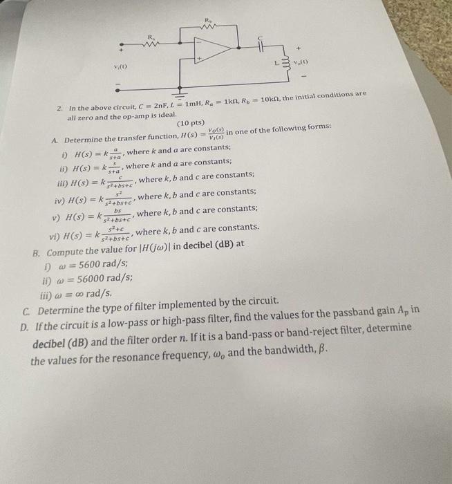 Solved 2. In the above circuit, C=2nF,L=1mH,Ra=1kΩ,Rb=1 uka, | Chegg.com