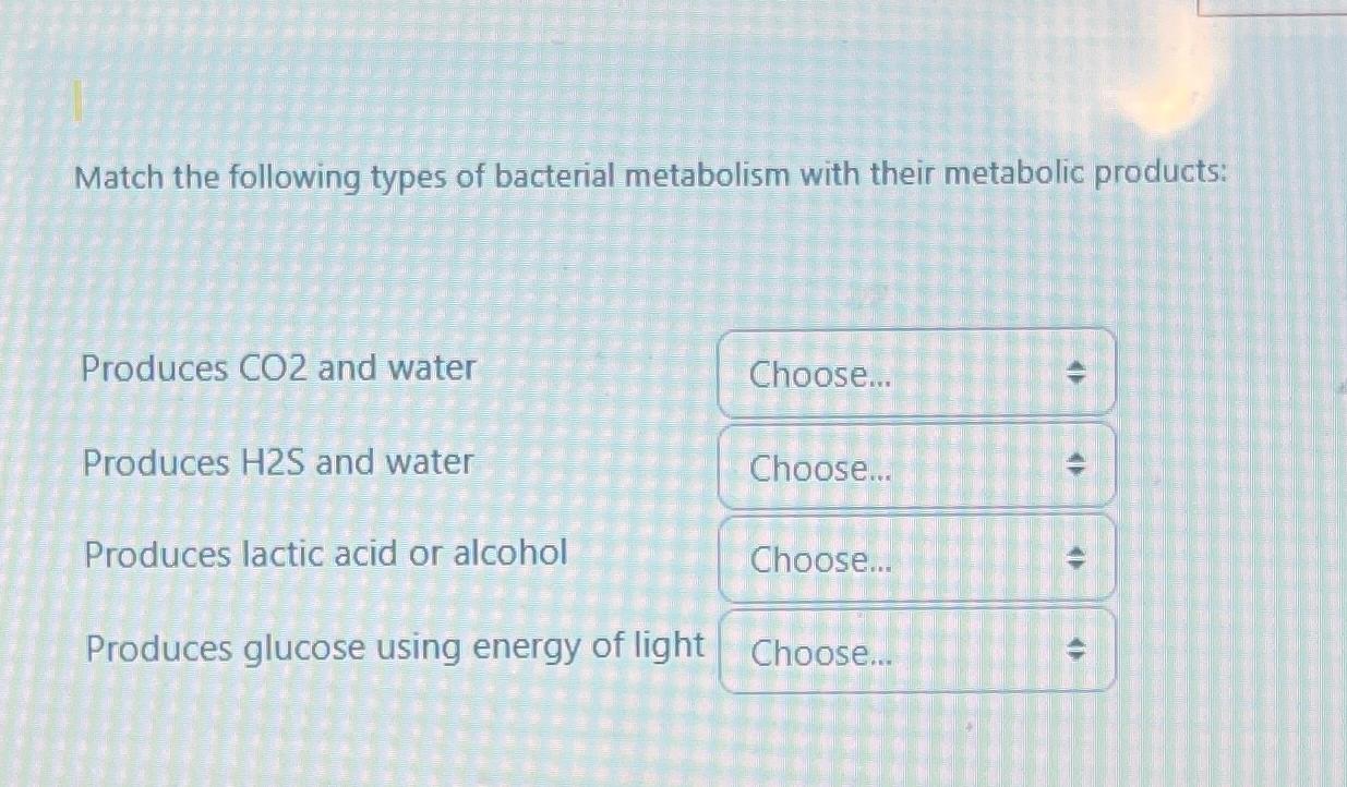 Solved Match the following types of bacterial metabolism | Chegg.com
