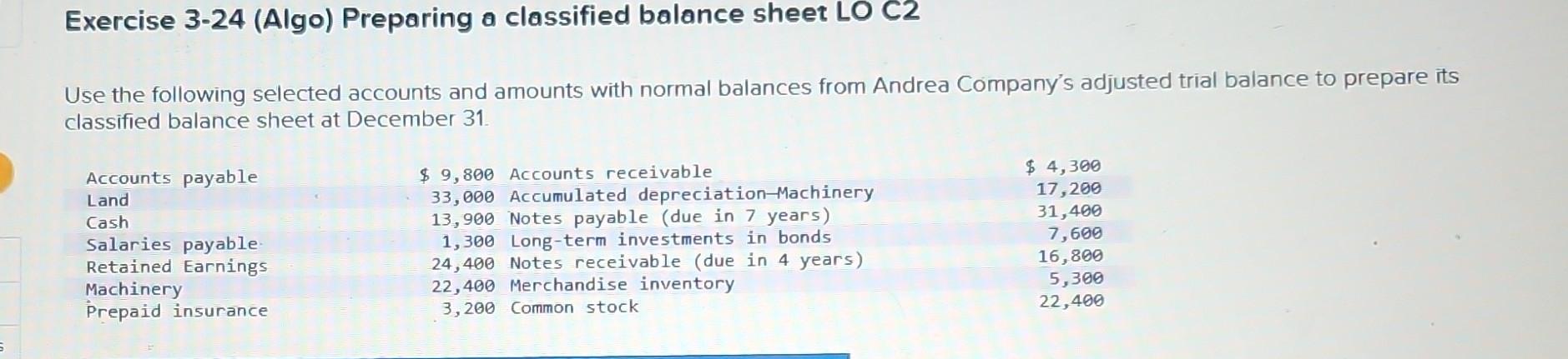 Solved Exercise 3-24 (Algo) Preparing a classified balance | Chegg.com Solved Exercise 3-24 (Algo) Preparing a classified balance | Chegg.com