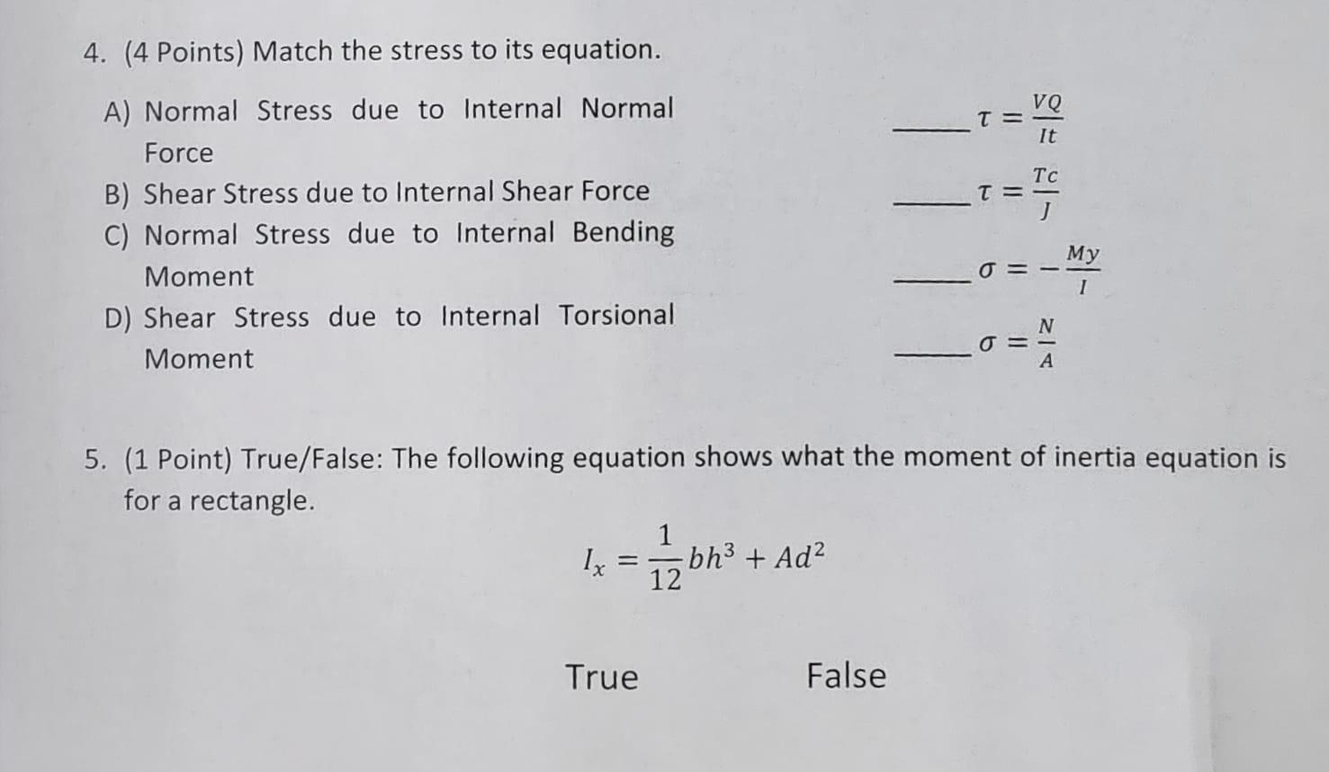 Solved 4. (4 Points) Match the stress to its equation. A) | Chegg.com