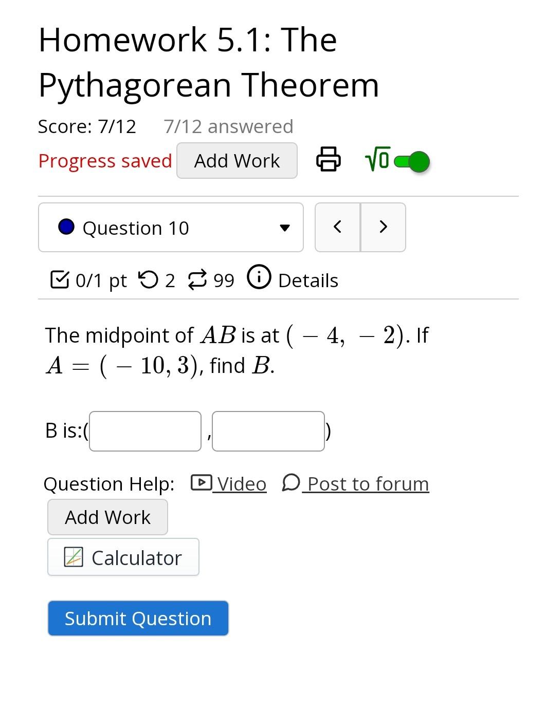 Solved Homework 5.1: The Pythagorean Theorem Score: 7/12 | Chegg.com