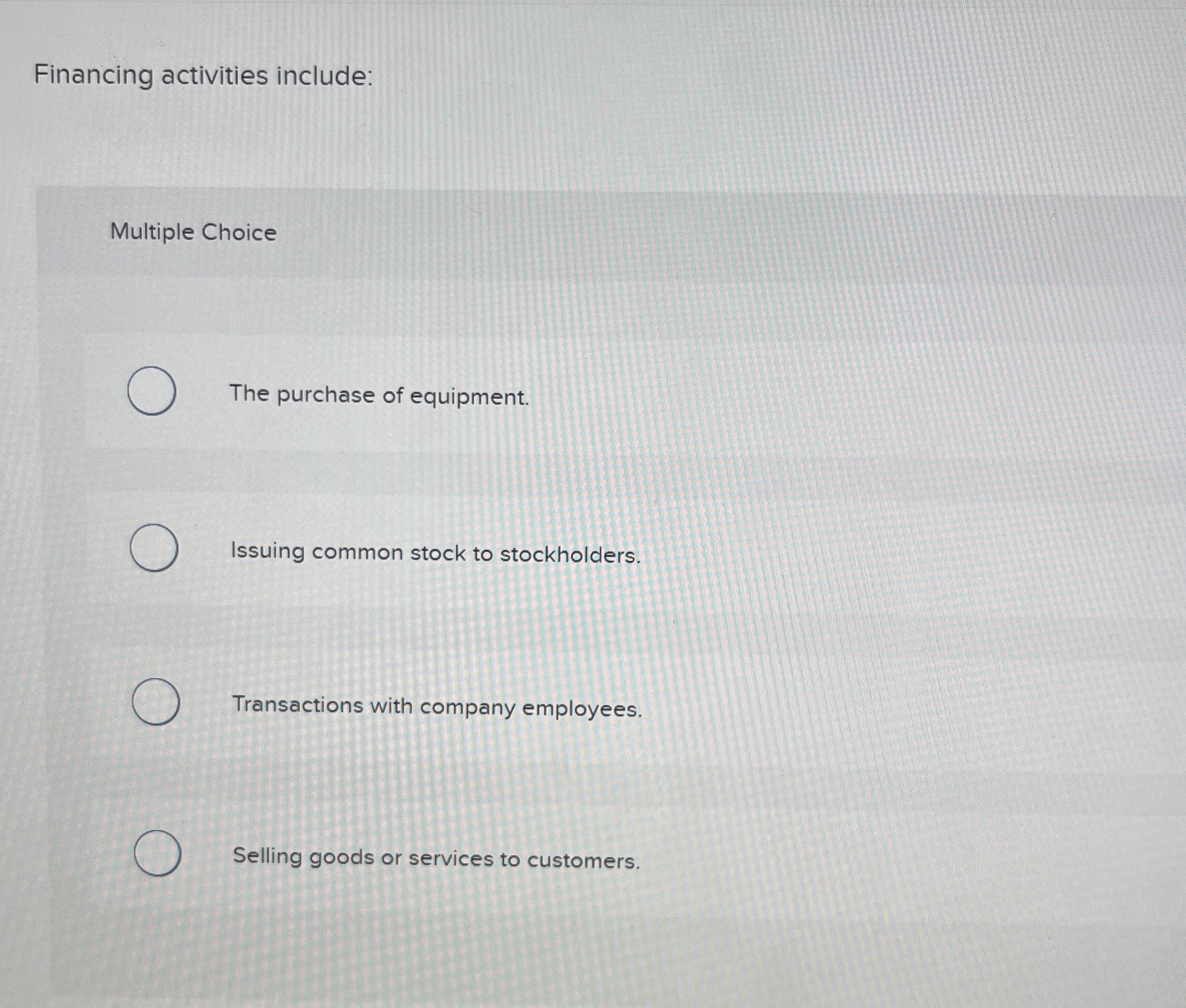 Solved Financing activities include:Multiple ChoiceThe | Chegg.com