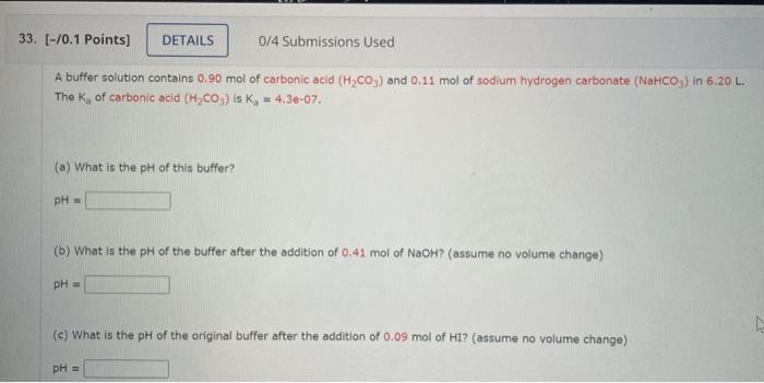 Solved A buffer solution contains 0.90 mol of carbonic acid | Chegg.com