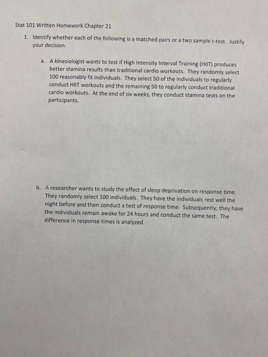 Solved Stat 101 Written Homework Chapter 21 1. Identify | Chegg.com