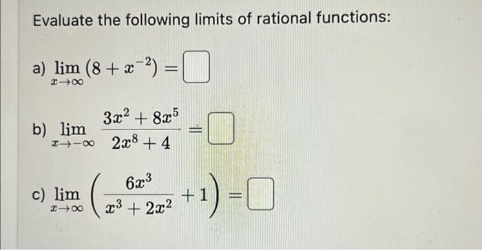 Solved Evaluate the following limits of rational functions: | Chegg.com