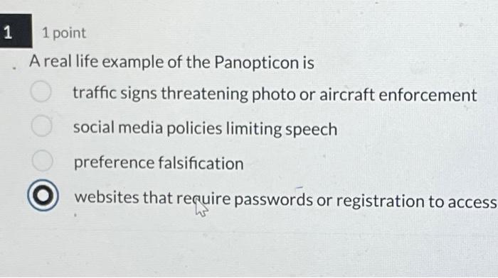 1 1 point A real life example of the Panopticon is | Chegg.com