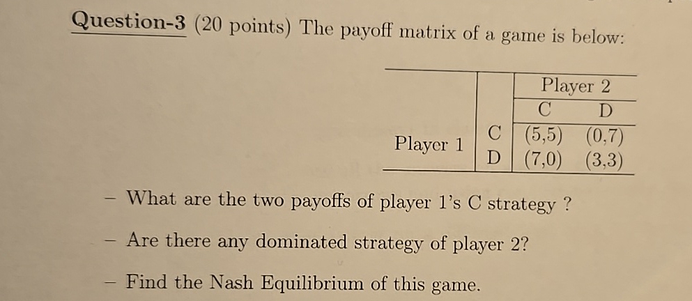 Solved Question-3 (20 ﻿points) ﻿The payoff matrix of a game | Chegg.com