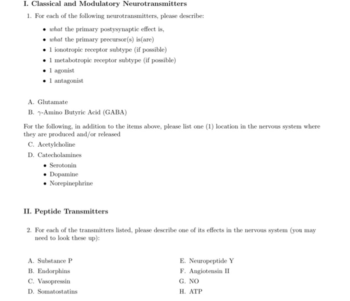 Solved I. Classical and Modulatory Neurotransmitters 1. For | Chegg.com