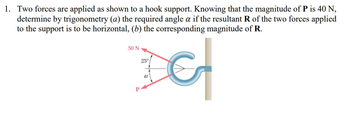 Solved 1. ﻿Two forces are applied as shown to a hook | Chegg.com