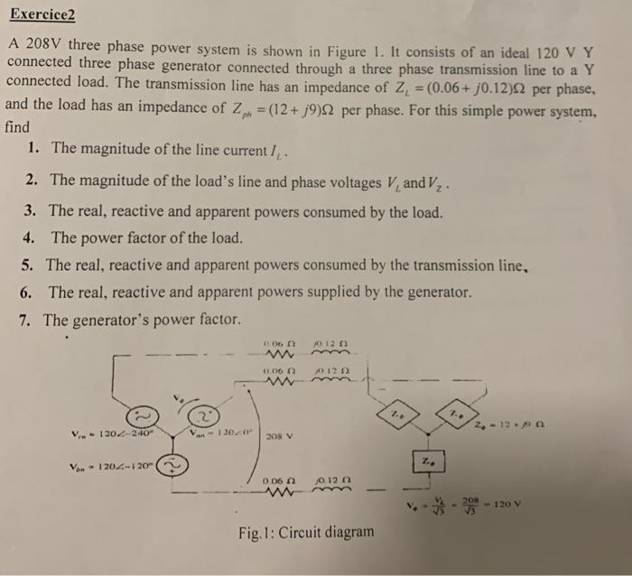 Solved ph Exercice2 A 208V three phase power system is shown | Chegg.com
