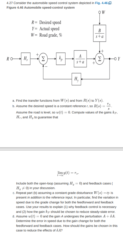 4.27 ﻿Consider the automobile speed control system | Chegg.com