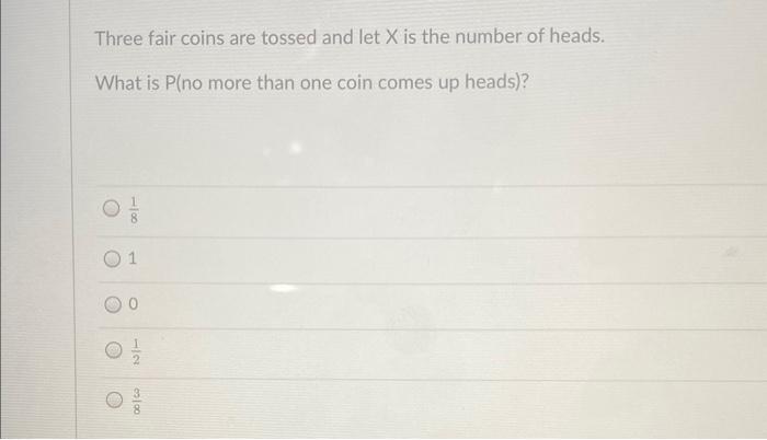 Solved Three fair coins are tossed and let X is the number | Chegg.com
