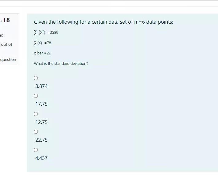 Solved 18 Given the following for a certain data set of n =6 | Chegg.com