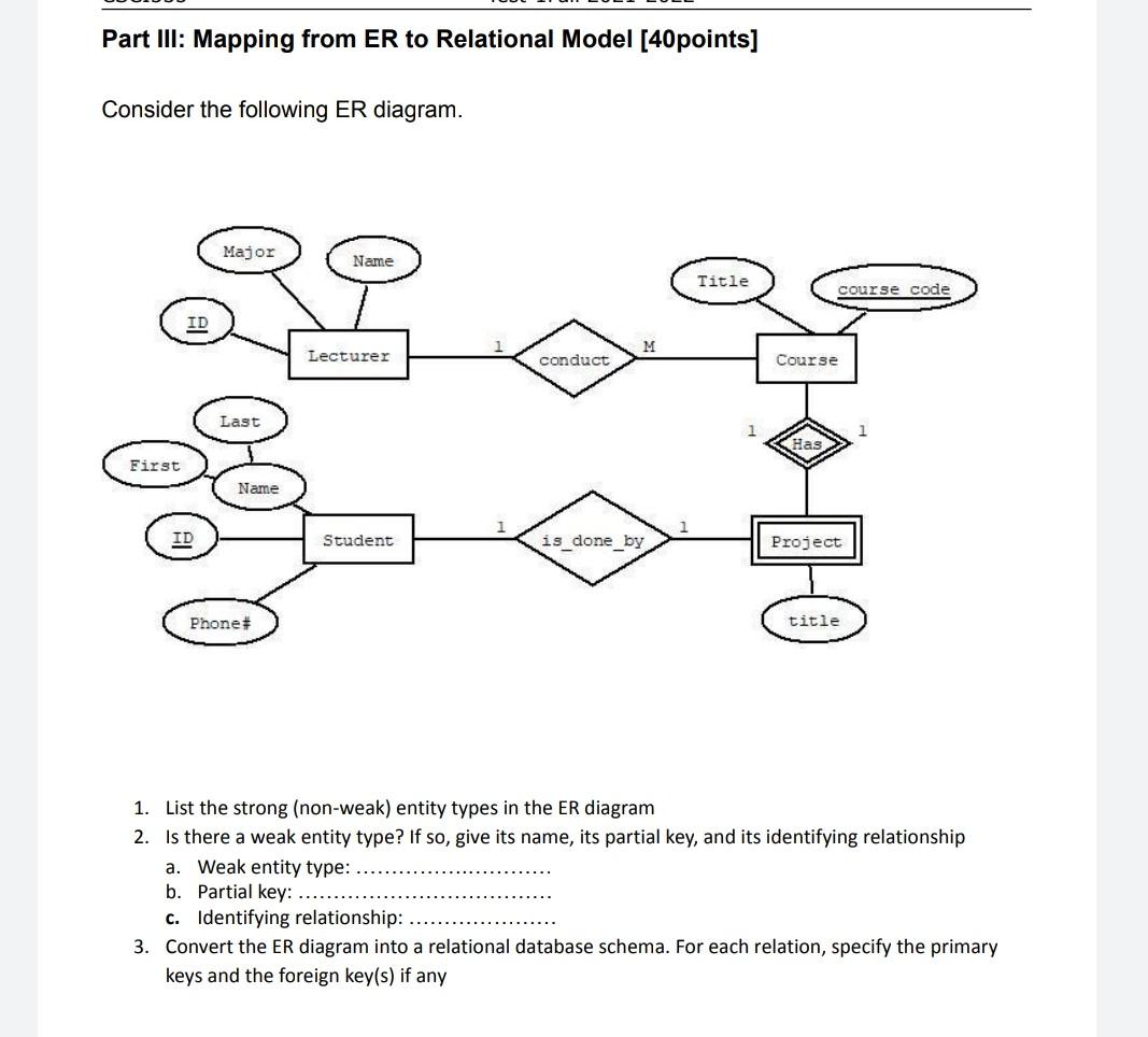 Solved Part III: Mapping from ER to Relational Model | Chegg.com