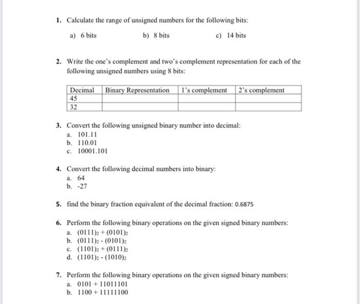 Solved 1. Calculate the range of unsigned numbers for the | Chegg.com