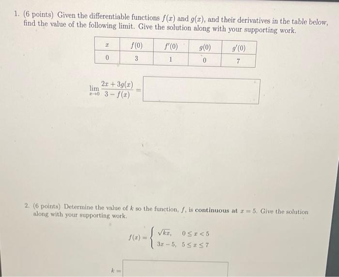 Solved 1. (6 points) Given the differentiable functions f(x) | Chegg.com