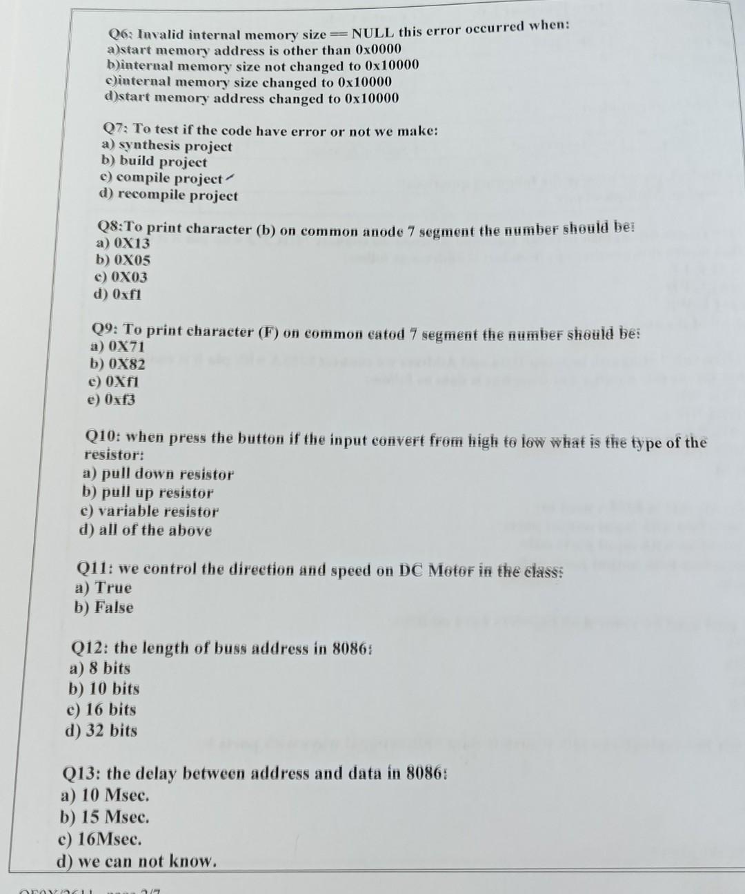 Solved Q6: Invalid internal memory size = NULL this error | Chegg.com