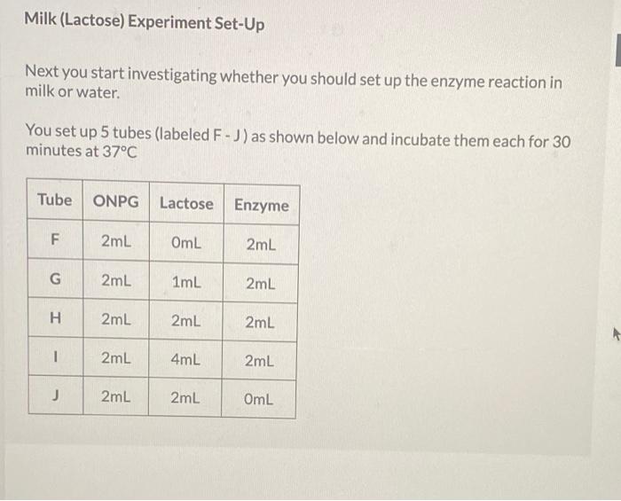 Solved Milk (Lactose) Experiment Set-Up Next you start | Chegg.com