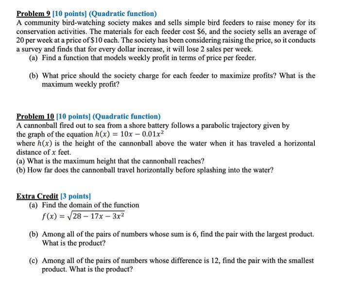 Solved Problem 9 [10 points] (Quadratic function) A | Chegg.com