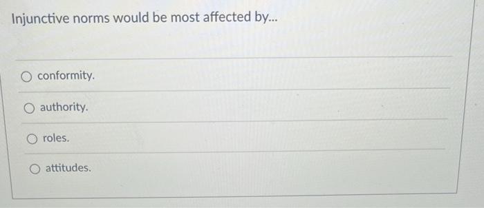 Solved Injunctive norms would be most affected by... | Chegg.com