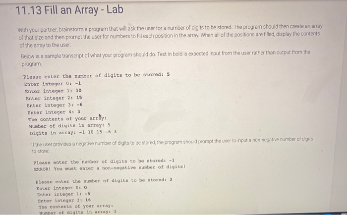 Solved 11.13 Fill an Array - Lab With your partner, | Chegg.com