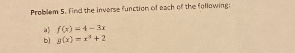 Solved Problem 5. ﻿Find the inverse function of each of the | Chegg.com