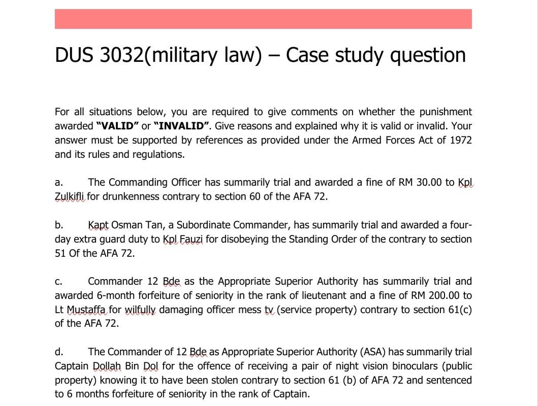 Solved DUS 3032(military law) – Case study question For all | Chegg.com
