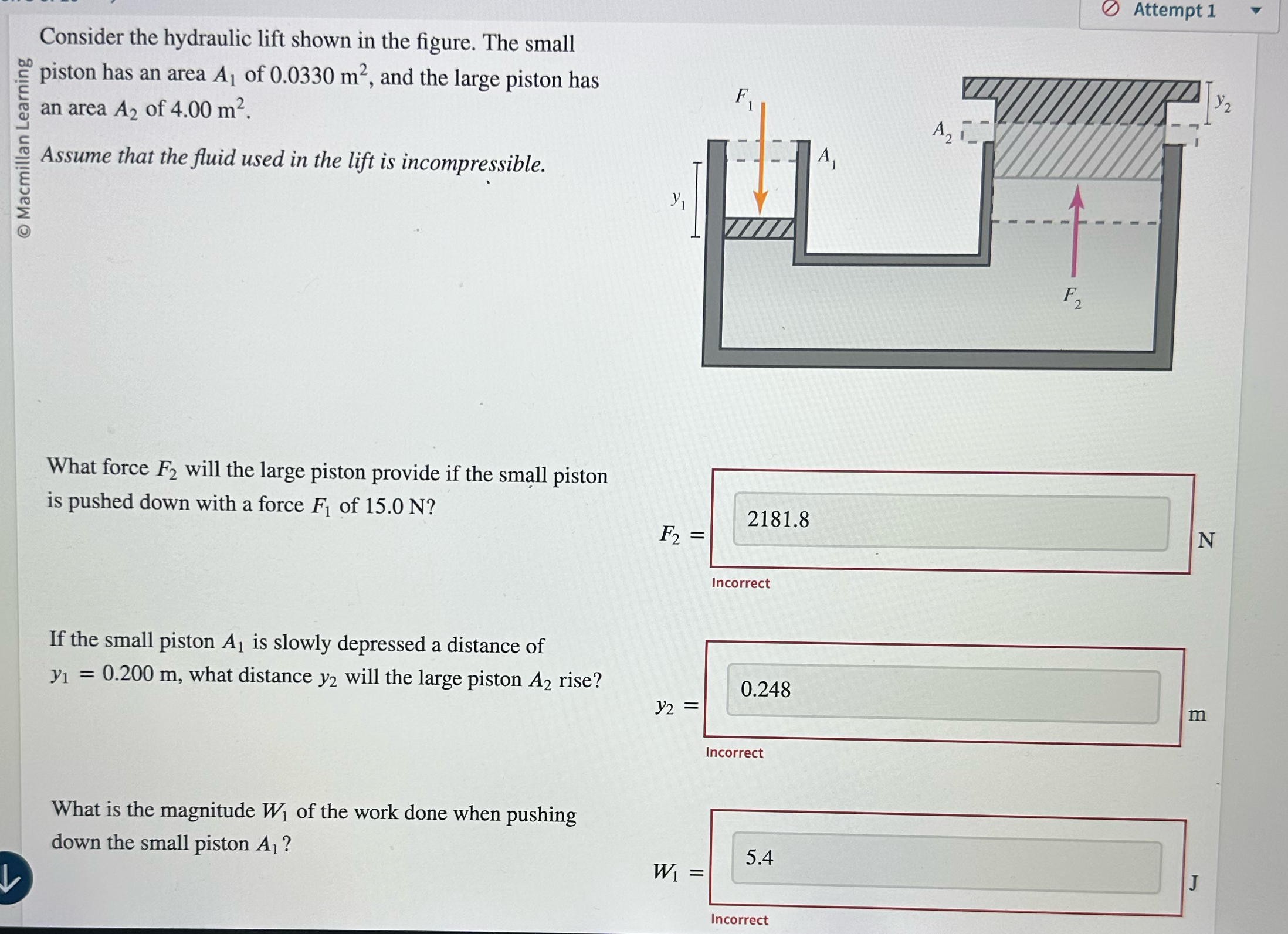 Solved Attempt 1Consider the hydraulic lift shown in the | Chegg.com