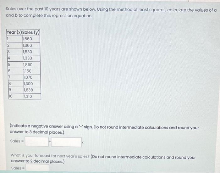 Solved Sales over the past 10 years are shown below. Using | Chegg.com
