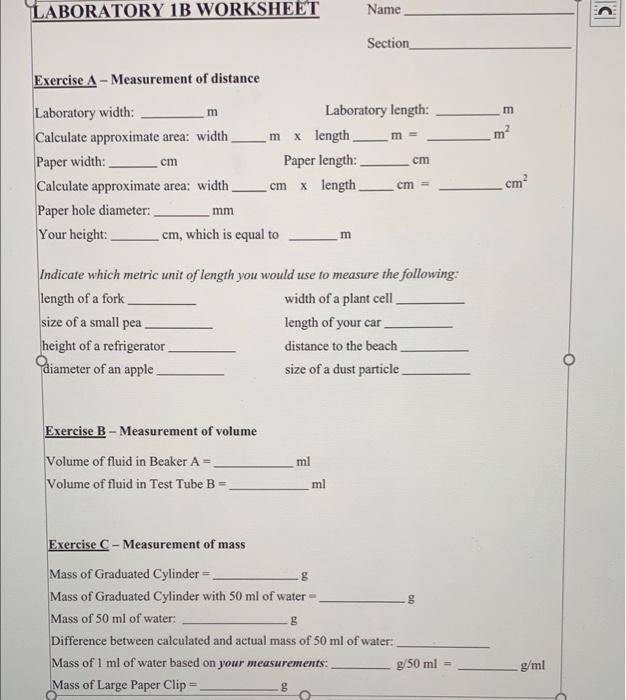 Solved LABORATORY 1B WORKSHEET Exercise A - Measurement of | Chegg.com