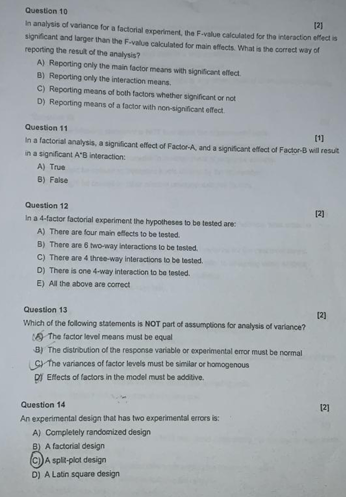 Solved Question 10In analysis of variance for a factorial | Chegg.com
