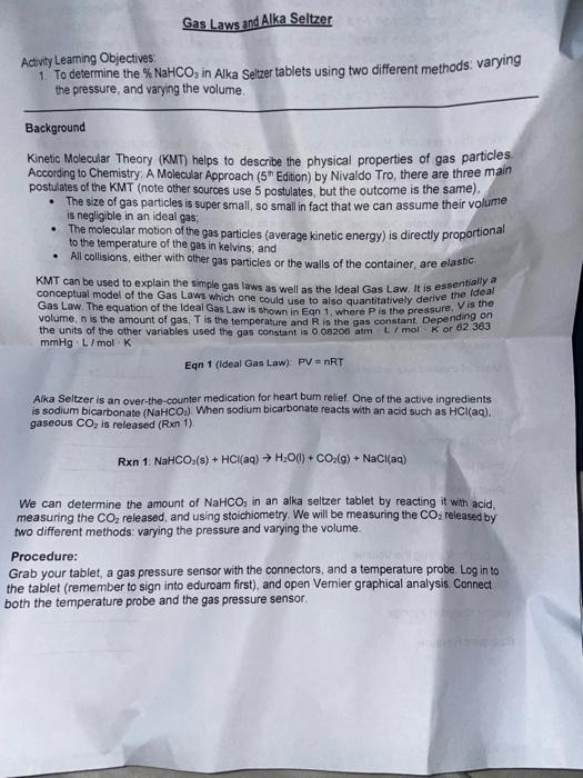 Gas Laws and Alka Seltzer Activity Leaming | Chegg.com