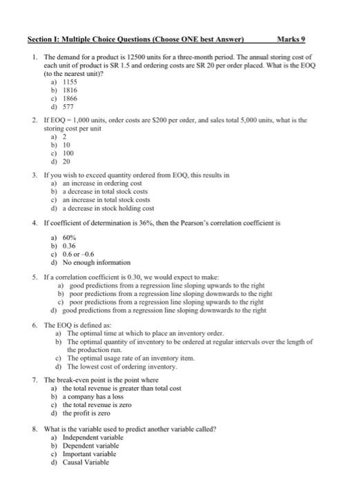 Solved Section 1: Multiple Choice Questions (Choose ONE best | Chegg.com