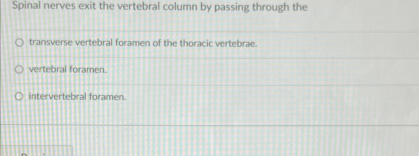 Solved Spinal nerves exit the vertebral column by passing | Chegg.com