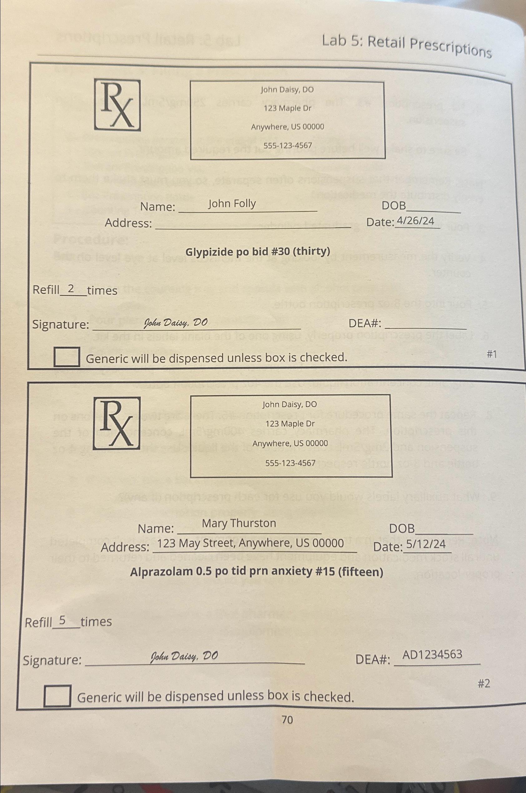 Solved Lab 5: Retail PrescriptionsName: John | Chegg.com