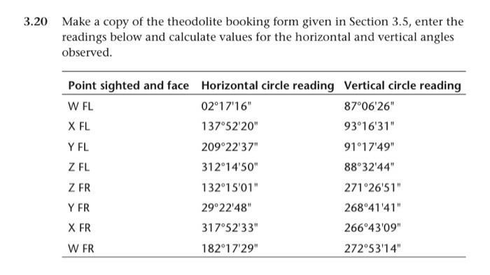Solved 3.20 Make a copy of the theodolite booking form given | Chegg.com