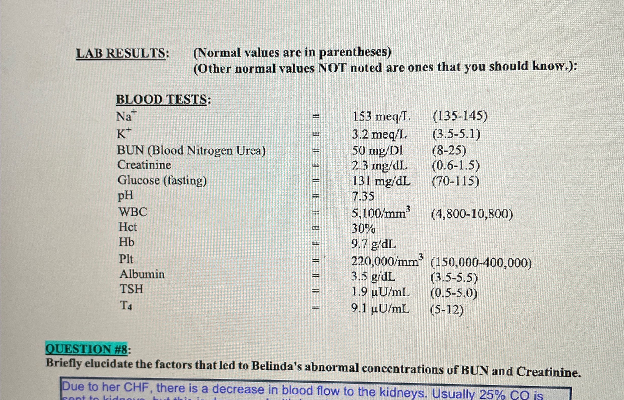 Solved nursing / ﻿LAB RESULTS: (Normal values are in | Chegg.com