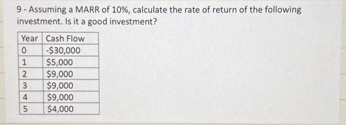 Solved 9 -Assuming a MARR of 10%, calculate the rate of | Chegg.com